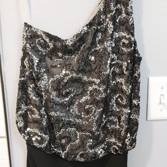 Symphony | Dresses | One Shoulder Black Silver Sequined Body Con Dress ...
